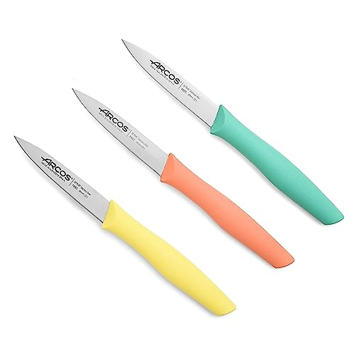 Arcos Paring Knife Set of 3 Pieces 4 Inch Stainless Steel. Colorful Kitchen Knives for Peeling Fruits and Vegetables. Ergonomic Polypropylene Handle. Series Nova. Color Orange, Yellow and Blue.