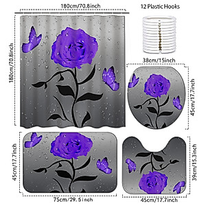 Planially 4Pcs Purple Rose Flower Shower Curtain Sets,Rose Flower Bathroom Sets with Shower Curtain, Toilet Lid Rug, Contour Mat and Bath Mat, 12 Hooks for Bathroom Set Decor,72 * 72In