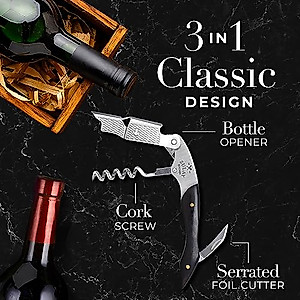 Zulay Wine Opener - Professional Corkscrew Wine Opener with Foil Cutter & Cap Remover - Double Hinged Wine Bottle Opener - Manual Wine Key for Servers, Waiters, Bartenders & Home Use - Ebony