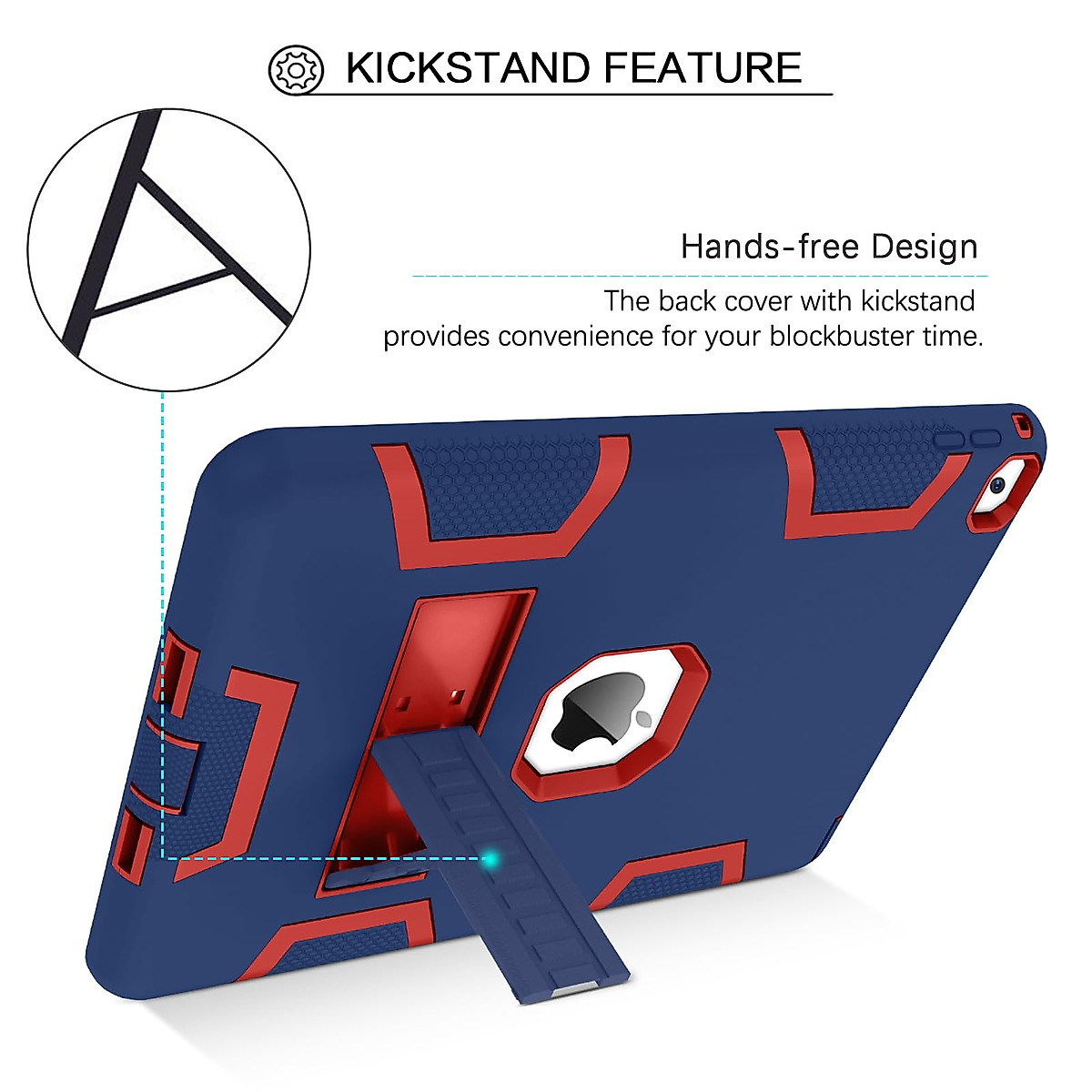 BENTOBEN for iPad Air 2 Case, iPad Air 2nd Generation Case, 3 in 1 Heavy Duty Shockproof Kickstand Protective Kids Girls Women Boys Men Tablet Cover for iPad Air 2 A1566 A1567 (2014), Navy Blue/Red