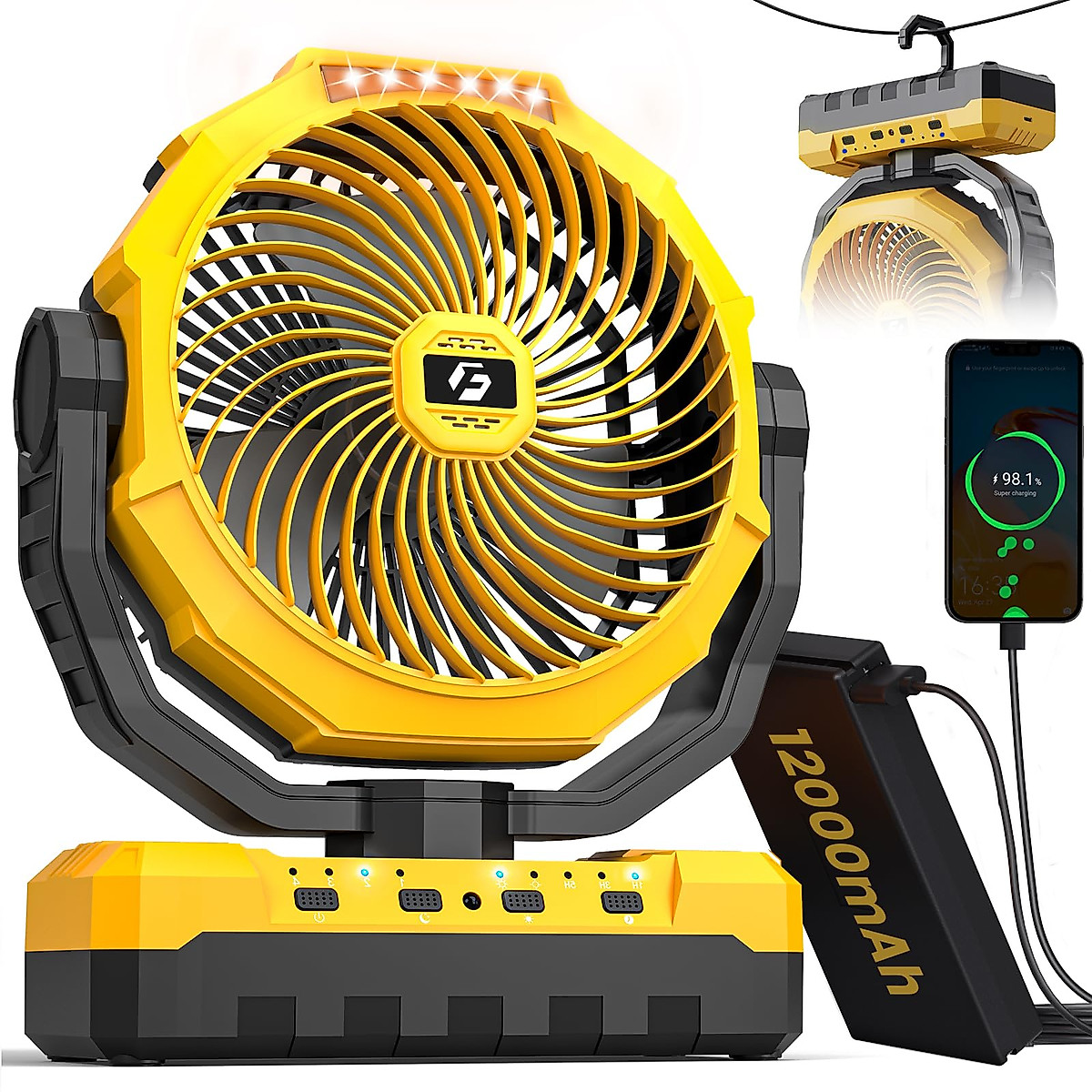 3-in-1 Portable Camping Fan - 9 inch 12000mAh Detachable Battery Rechargeable Fan with LED & Remote - 4 Speeds Battery Powered Outdoor Fan for Tent,Travel, Office, Jobsite