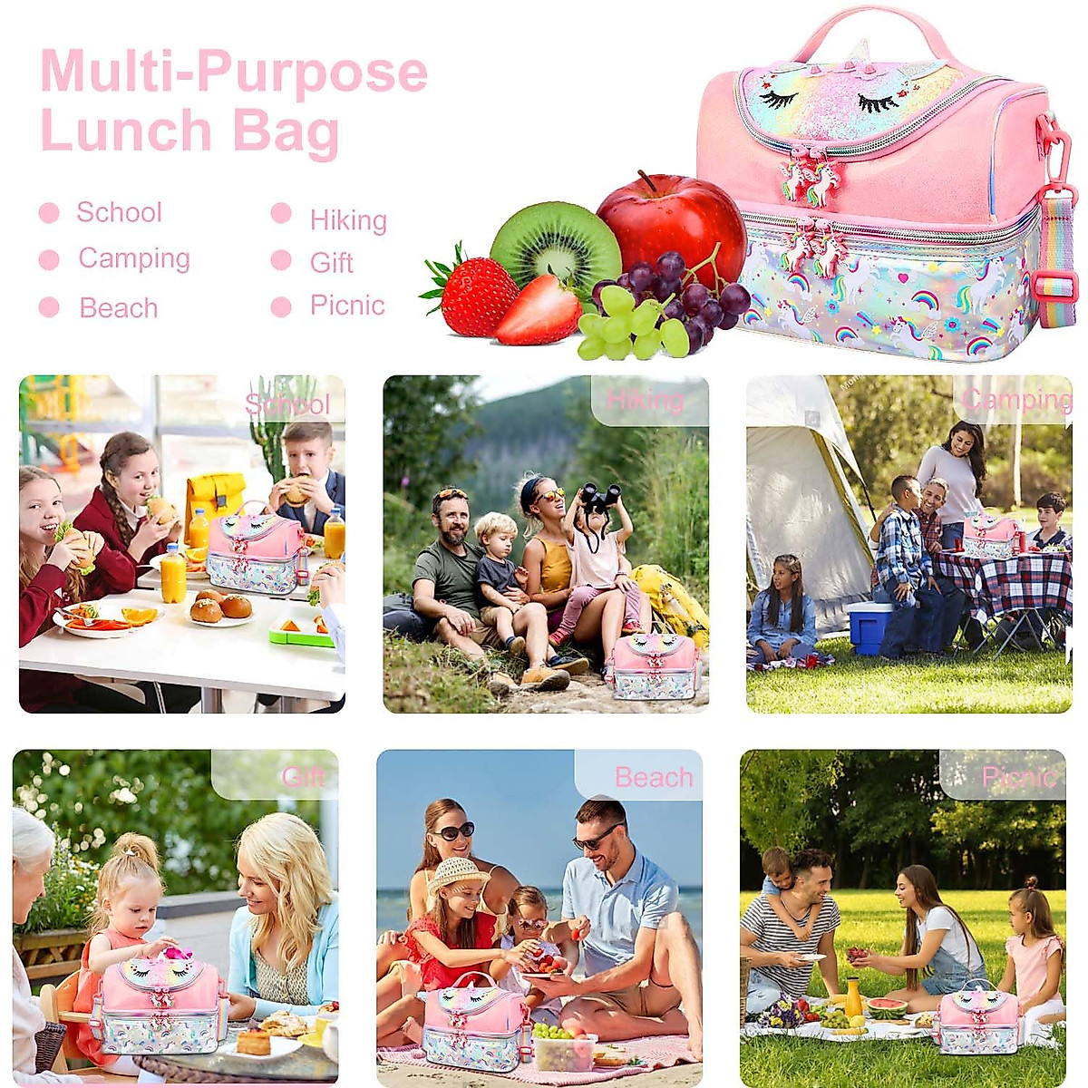 RHCPFOVR Kids Lunch Bag - Double - Decker Cooler Insulated Lunch Box for Boys Girls,Washable Lunch Bag with Strap and Reusable Toddler Lunchbox for School and Daycare