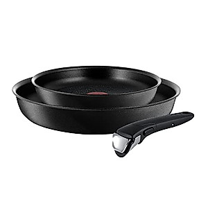 T-fal Ingenio Nonstick 2 Piece Fry Pan Set 3 Piece Induction Stackable, Removable Handle Cookware, Pots and Pans, Oven, Broil, Dishwasher Safe Black