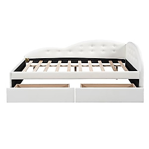 Full Size Upholstered Daybed with 2 Drawers and Cloud Shaped Guardrail, PU Upholstered Tufted Platform Bed with Wooden Slat Support for Bedroom Living Room, Easy Assembly (White + Upholstered-V23)