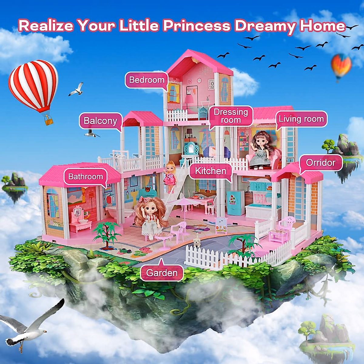 Mini Tudou Doll House Dreamhouse for Girls, Dollhouse with Lights, Play Mat and Dolls,DIY Building Pretend Play House with Accessories Furniture and Household Items,Playhouse for Girls 3-12 (9 Rooms)