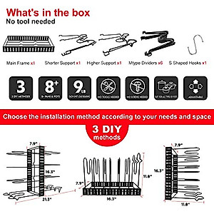 Pan Pot Organizer Rack, MASSUGAR Pan Organizer Adjustable Pot Rack with Hook, Black Metal Kitchen Cabinet Pantry Pot Lid Holder, 3 DIY Methods (Black)