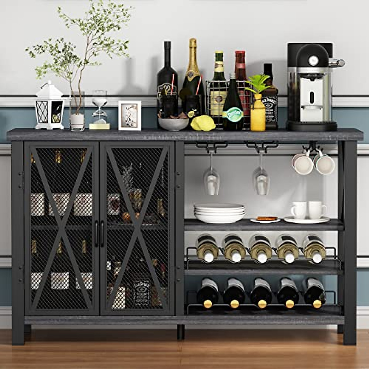 OIOG Wine Cabinet with Removable Wine Rack and Glass Holder, Wine Bar Cabinet for Liquor, Home Bar Coffee Cabinet Sideboards with Metal Mesh Doors for Living Room(Gray)