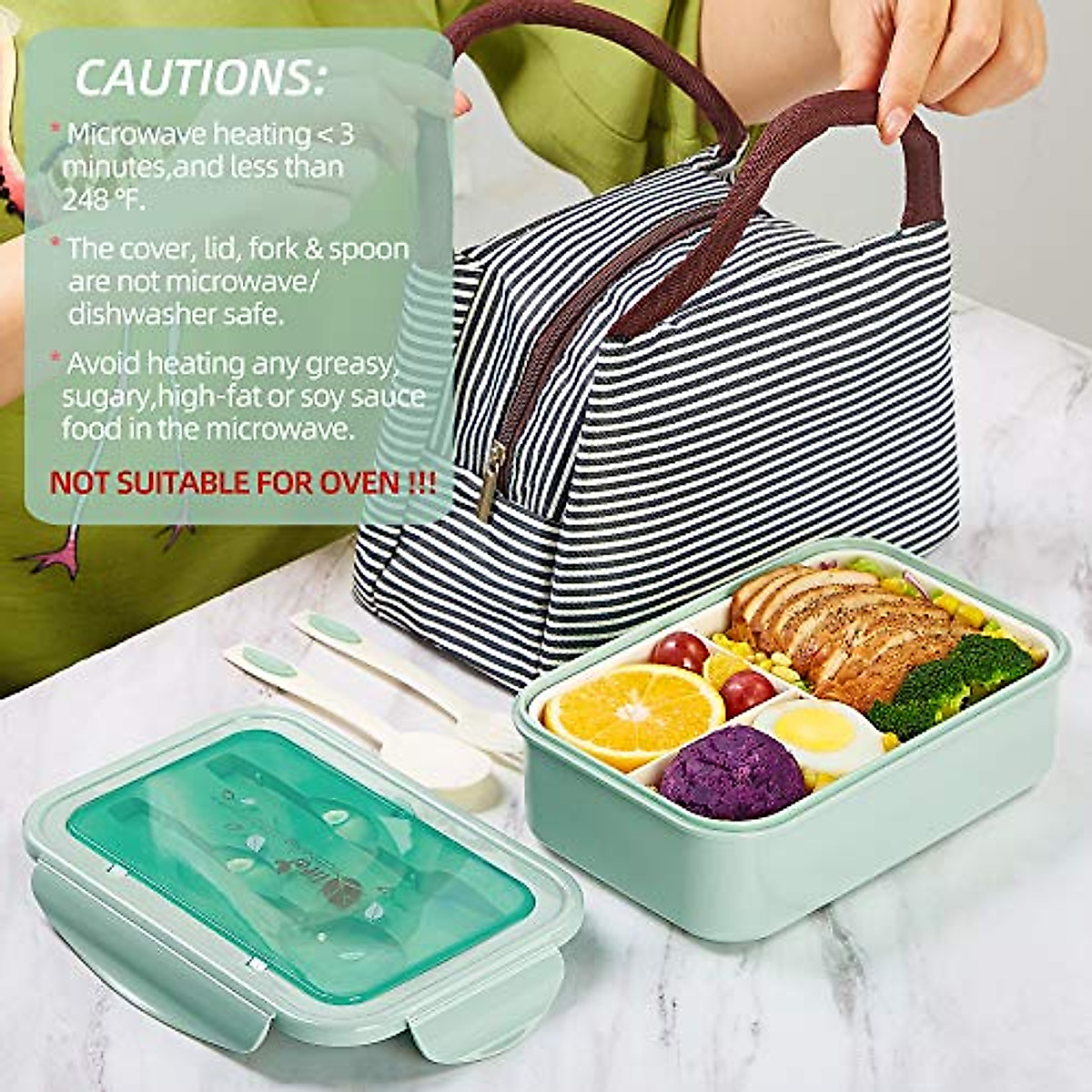 Porzu Bento Lunch Box, 1400 ML Lunch Box Meal PrepFor Kids & Adults，3 Compartments Portable Food Container with Utensil (Green)