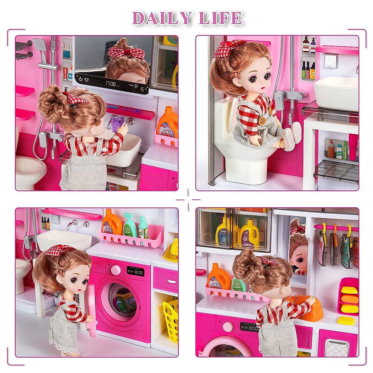 TEMI 4-in-1 Mini Bathroom Playset with Lights & Sounds, Pink Play Dressing Table Toy Set, Furniture, Bathroom Accessories, Pretend Role Play Toys for Boys Girls