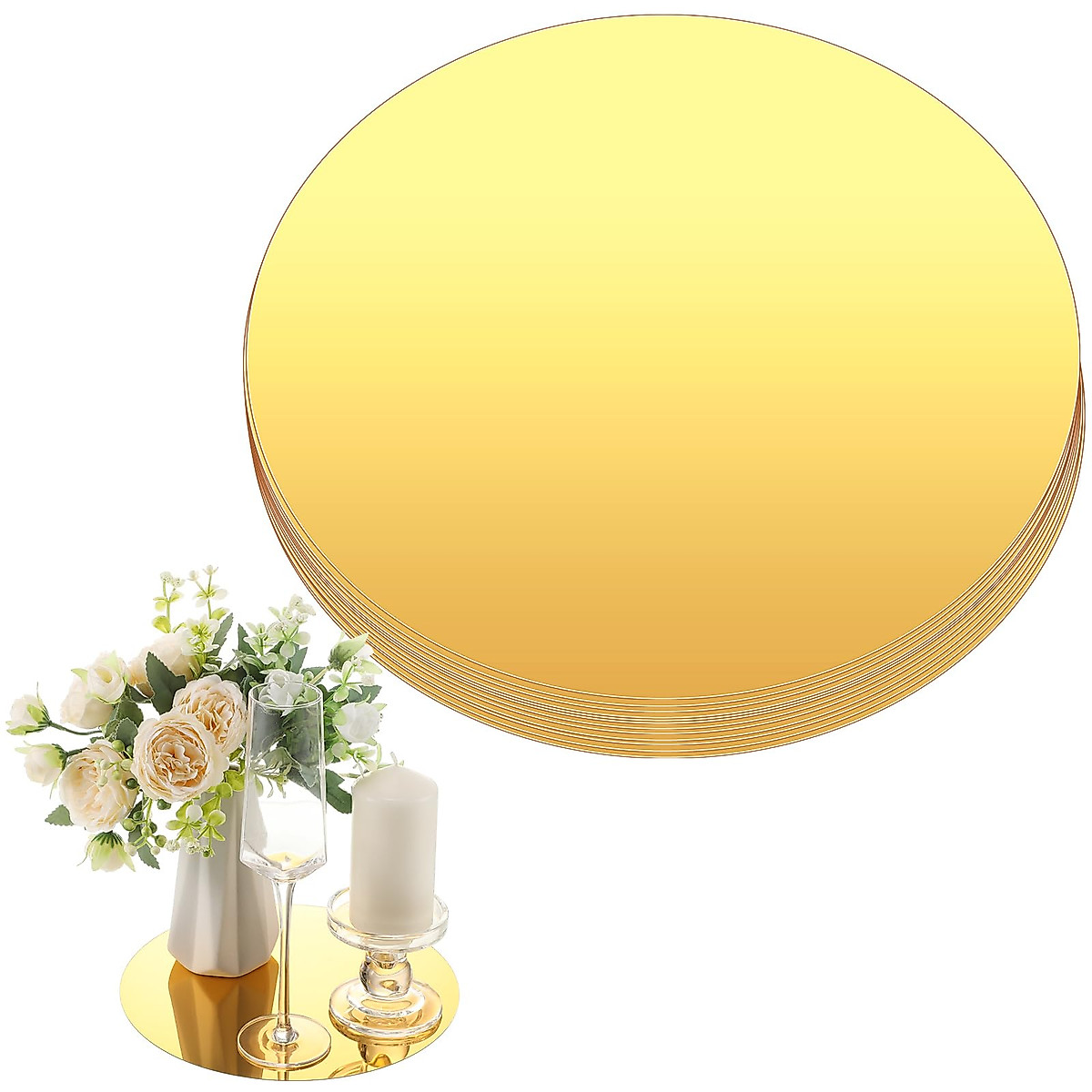 Thyle 12 Pcs 10 Inch Acrylic Round Mirrors for Tables Centerpieces Circle Mirrors Candle Plates for Wall Wedding Table Centerpieces Round Mirror Tray for Baby Shower Party, Thickness 1 mm (Gold)