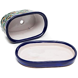 Enchanted Talavera Mexican Talavera Ceramic Succulent Pot Mini Flower Planter Cactus Bonsai Pot W/Drainage & Drip Dish Home Garden Office Desk Décor Gift Set (Peacock)