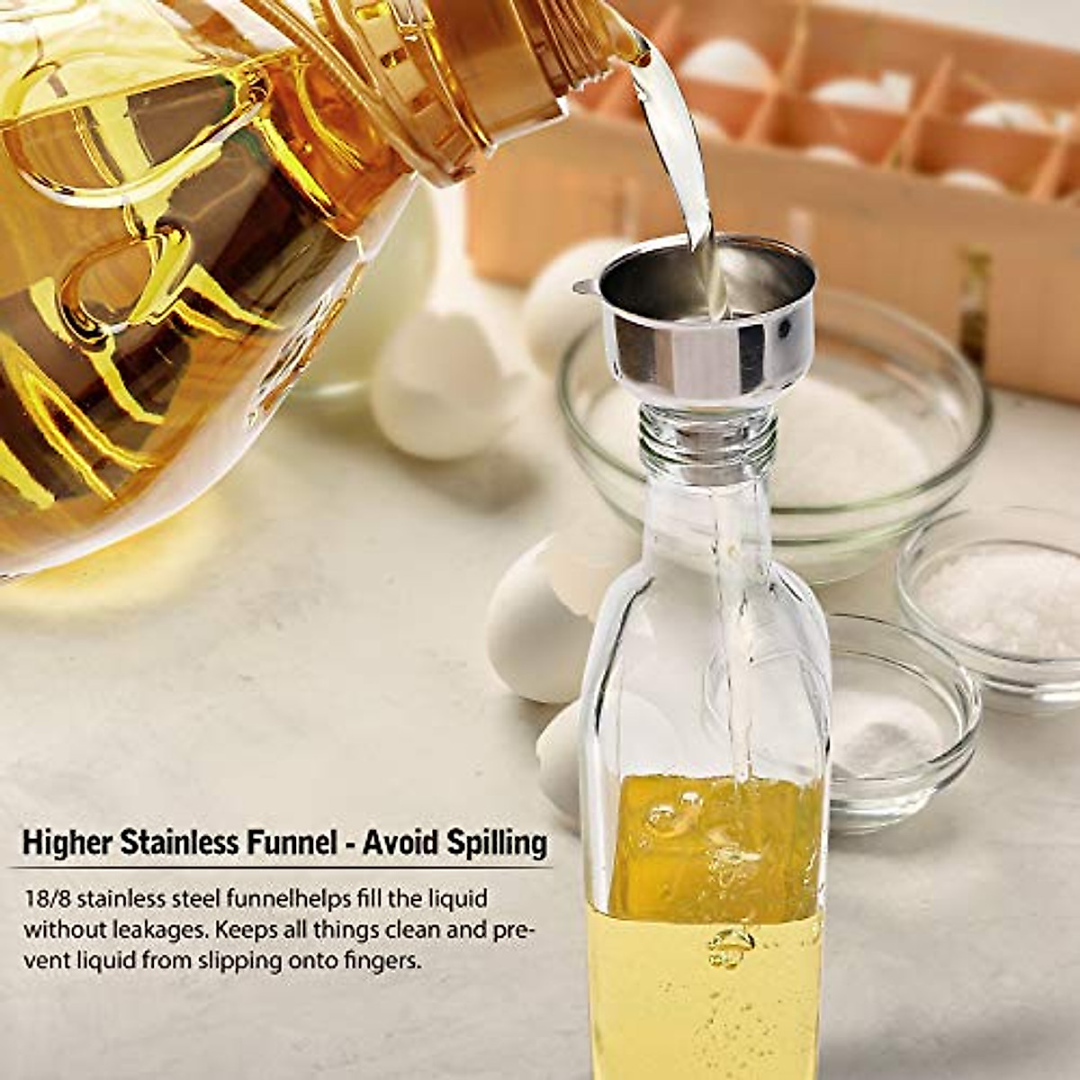 BAKHUK 4 Pack 17oz Glass Olive Oil Dispenser Bottles 500ml Clear Vinegar Cruet with Pourers and Funnel for Kitchen