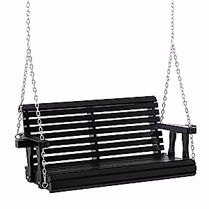 Outsunny Porch Swing with Stand and Cupholders, 2 Person Wooden Patio Swing Chair, 440 lbs. Weight Capacity, for Garden, Poolside, Backyard, Black