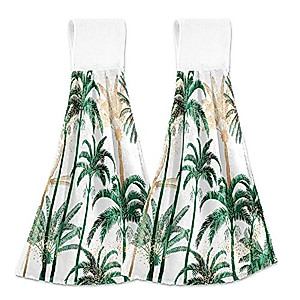 Green Gold Palm Trees Seamless On White 2 Pcs Hanging Kitchen Hand Towels, Hanging Tie Towels with Hook & Loop Dishcloths Sets, Decorative Absorbent Tea Bar Bath Hand Towel