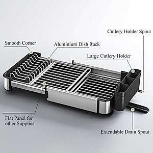 Dish Drying Rack, Kitchen Counter Dish Drainer Rack Auto-Drain, Expandable (14.8 to 22.2 inch) Rustproof Aluminium Large Sink Dish Strainer with Dish Drying Mat and Utensil Holder, Silver