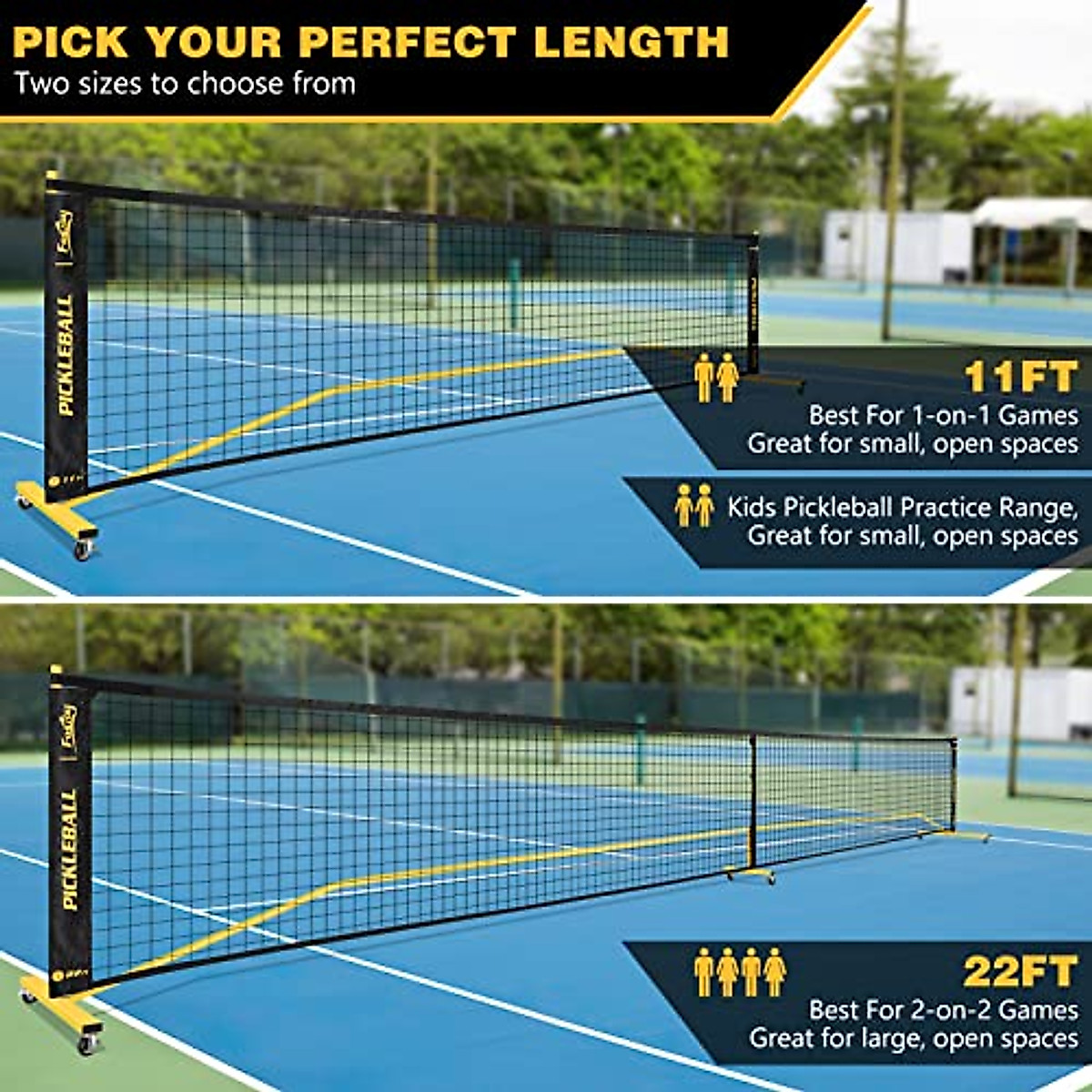 Fostoy Portable Pickleball Net with Wheels, Regulation Size 22 FT & Half Court 11 FT, 18-Ply PE Nets, Steady Metal Frame for All-Weather Resistant Play in Backyards, Driveways, and Garages