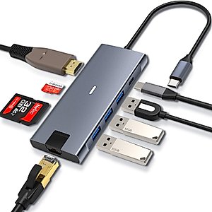 USB C HUB, Dataroad 8 in 1 USB C Port Expander, USB C Docking Station with Ethernet Port, 4K HDMI Output, 3 USB 3.0 Ports, 80W PD Fast Charging, TF/SD Card Reader, Compatible for MacBook Pro/Air