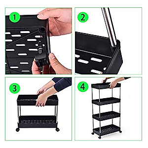 AHXML 4-Tier Storage Cart Rolling Utility Cart Storage Shelf Rack Mobile Storage Organizer Shelving for Office, Kitchen, Bedroom, Bathroom, Laundry Room & Dressers, Plastic & Stainless Steel, Black