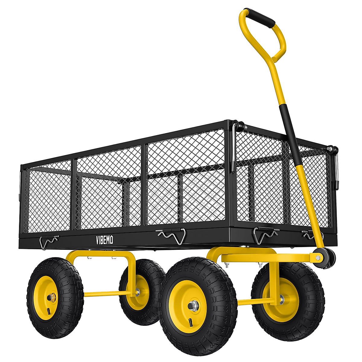 Vibemo Steel Garden Cart, 2-in-1 900 lbs Heavy Duty Utility Wagon, with Removable Mesh Sides to Convert into Flatbed, 240° U-Turn 10" Pneumatic Tires Garden Wagon for Farm Yard Lawn Garden Camping