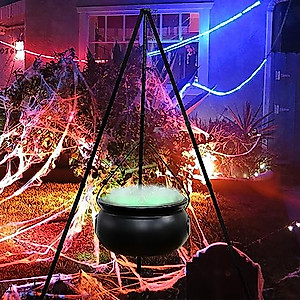 Halloween Cauldron Decorations Outdoor - Large Witches Cauldron on Tripod with Lights, Black Plastic Cauldron Decor with Timer Lights, Cauldron Witch Halloween Decorations for Porch Yard Lawn Outside