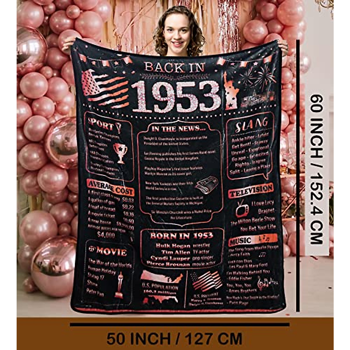 Henghere 70th Birthday Gifts for Women Friend, Mom, Grandma, Sister, Wife, Aunt, Coworker, Happy 70 Year Old Birthday Decorations Women | Blanket for Bed Sofa 60x50 Inches, Rose Gold