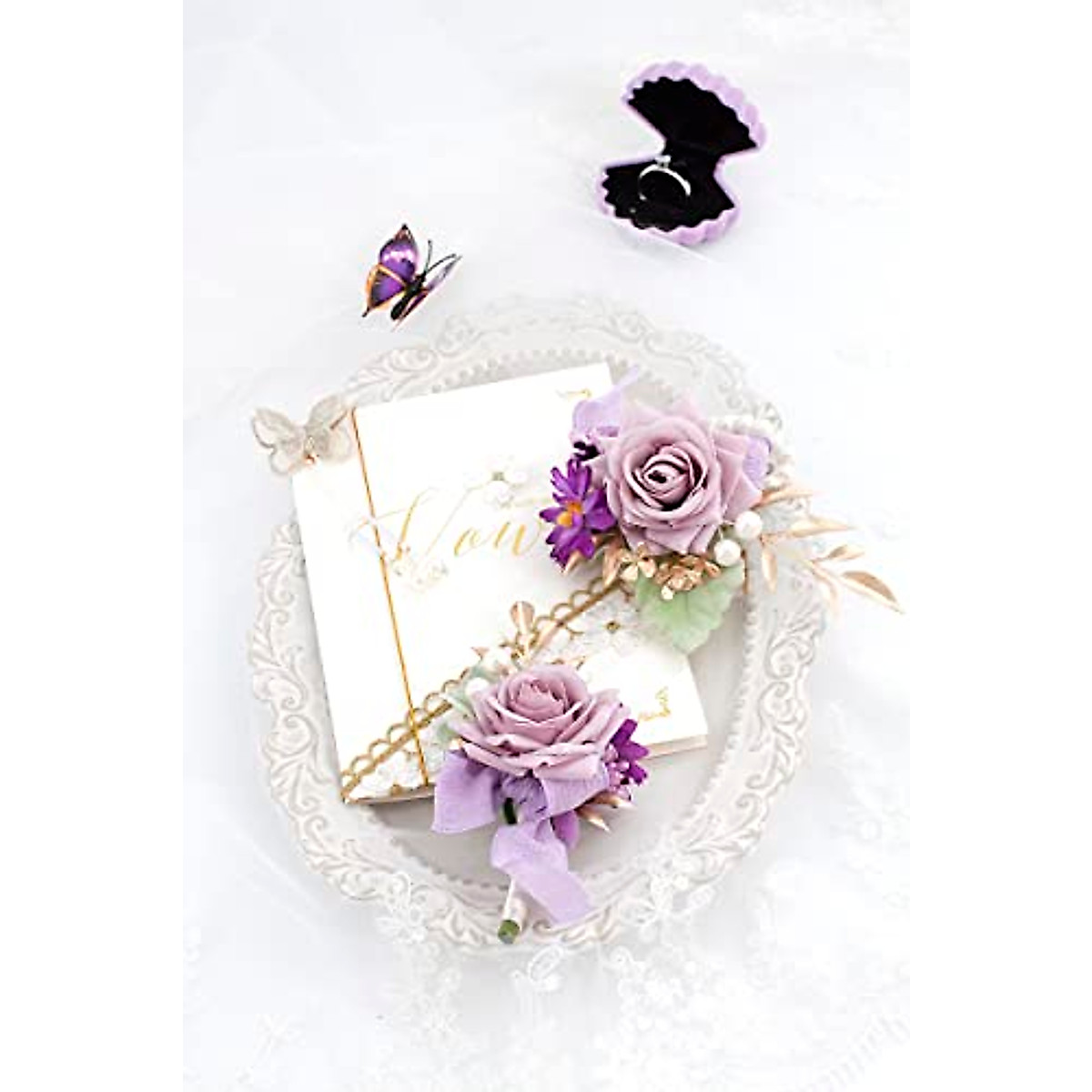 Ansofi Purple Corsage and Boutonniere Set, Prom Artificial Flower Wrist Corsage Bracelets, Homecoming Corsage Wristlet, Boutonniere for Men Wedding Flowers Accessories Prom Suit Decorations