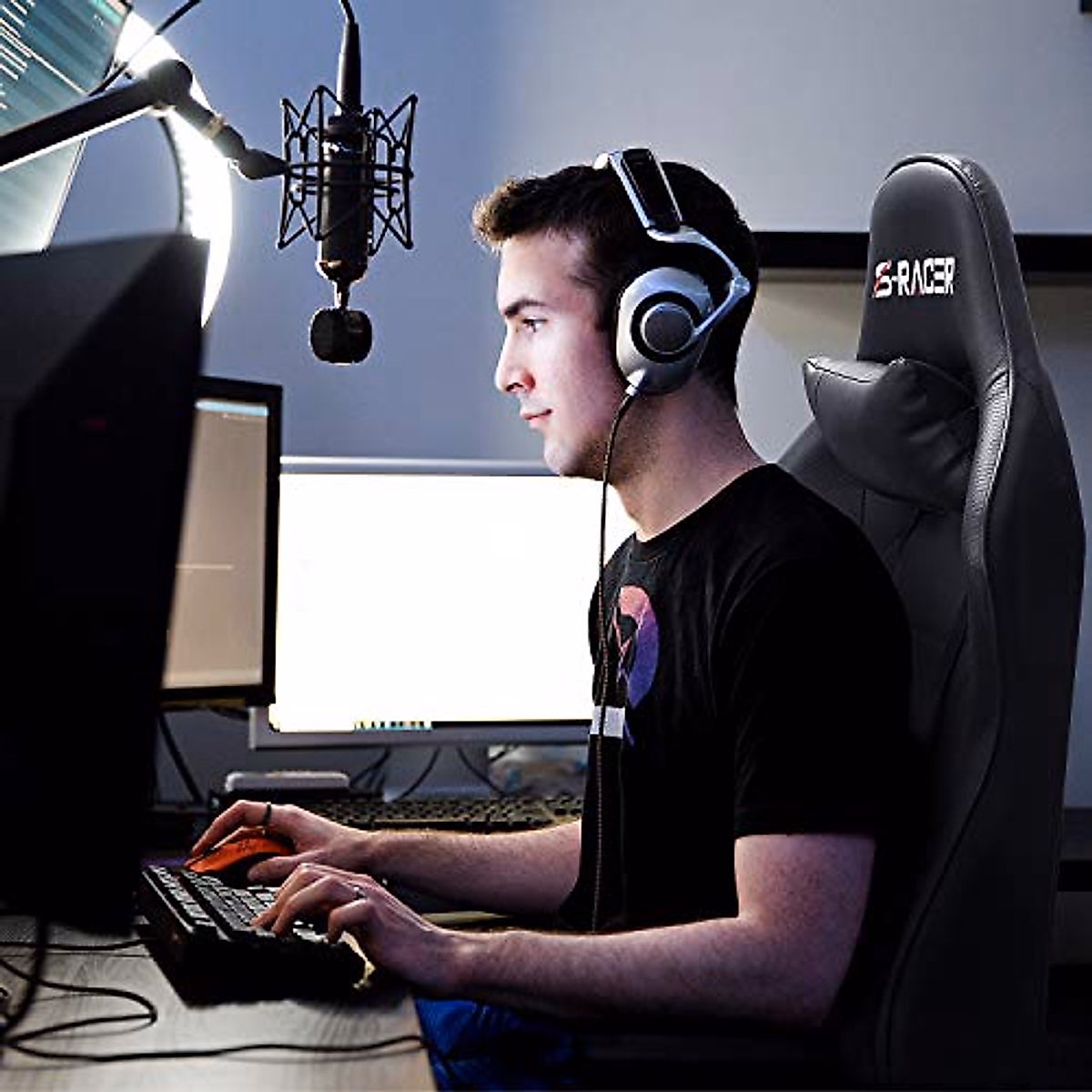 Homall Gaming Chair Computer Office High Back Leather Gamer Desk Chair Ergonomic Adjustable Swivel Racing Chair with Headrest and Lumbar Support (Black)