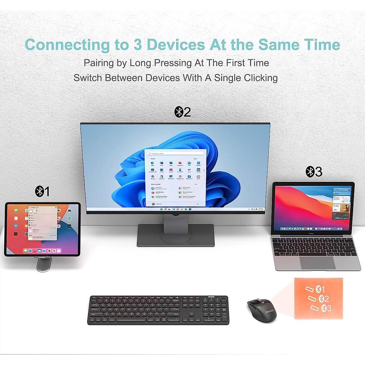 Arteck Multi-Device Wireless Bluetooth Mouse Ergonomic Silent Clicking Backward Forward for Desktop PC Laptop Mac iPad Build in Rechargeable Battery