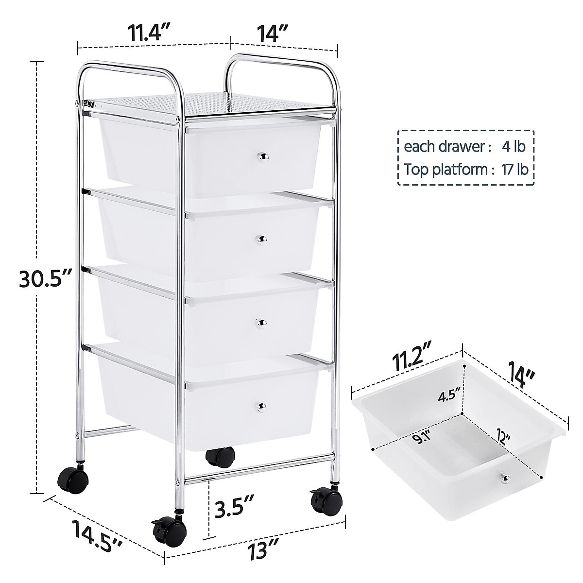 Topeakmart 4 Tier Rolling Storage Cart with Removable Drawers Plastic Trolley Organizer craft cart organizer with drawers 360 Castor Wheels Cart, White