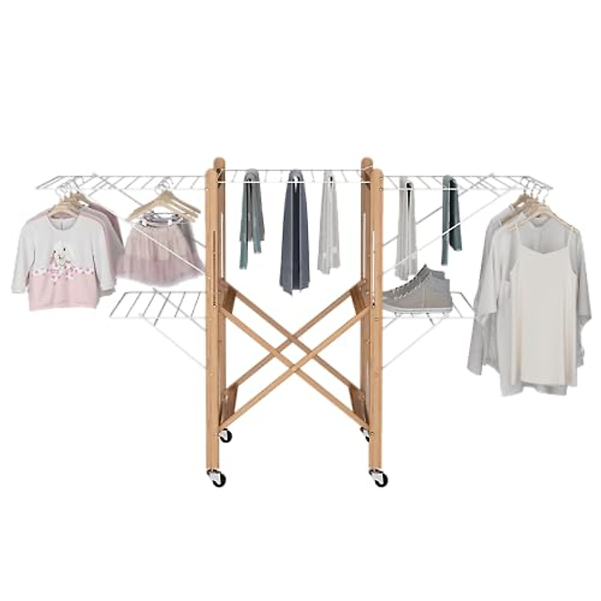 tonchean Collapsible Drying Racks for Laundry with Wheels, Heavy Duty Commercial Foldable Laundry Drying Rack Wooden Clothes Drying Rack Free Standingwith Adjustable Iron Wings