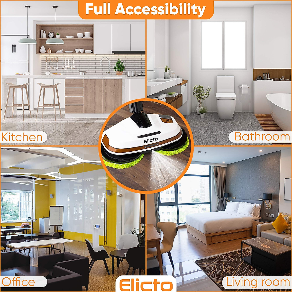 ELICTO ES530 - Electronic Dual Spin Mop and Polisher - Water Spray - Adjustable Height - LED - Reusable Microfiber Pads - All Hard Surfaces - New IMPROVEMENTS 2022