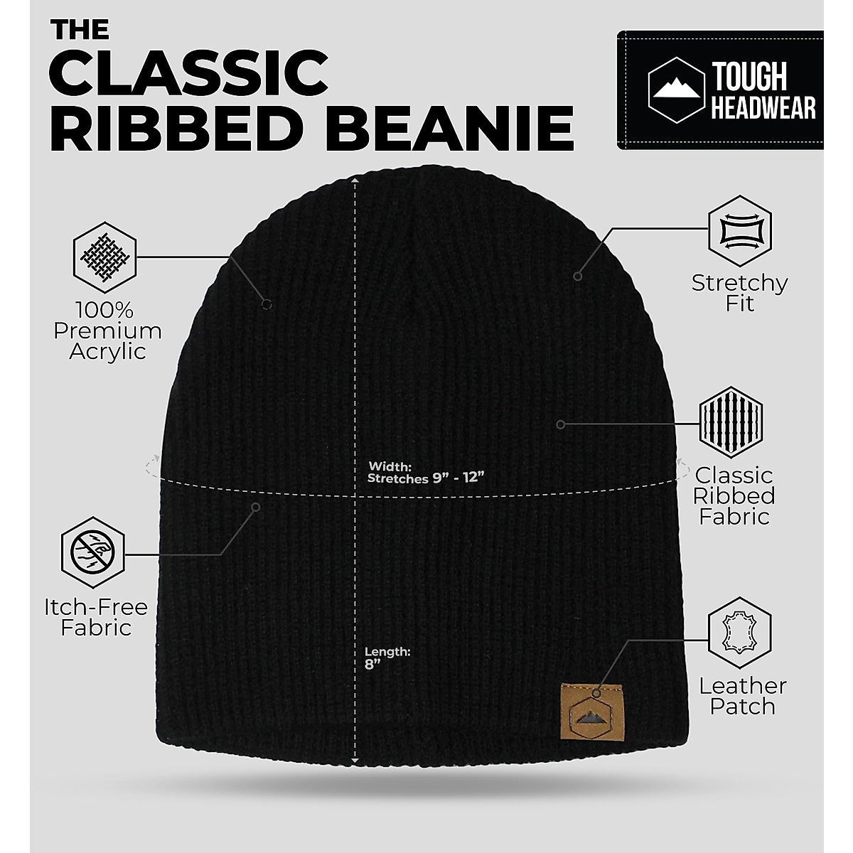 Tough Headwear Beanies for Men & Women - Knit Beanie, Warm & Soft Ribbed Beanie, Daily Knit Hat, Women & Mens Toboggan Hat for Cold Weather Black