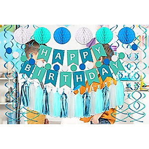 Blue Birthday Party Decorations, Blue Happy Birthday Banner for Kids Birthday Decorations, Blue Tissue Paper Tassels Garland Honeycomb Balls Swirls Streamers for Boys Girls Family Birthday Decorations