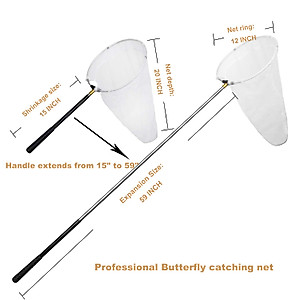 Trasfit Insect and Butterfly Net with 12" Ring, Net Handle Extends to 59 Inches for Adults & Kids