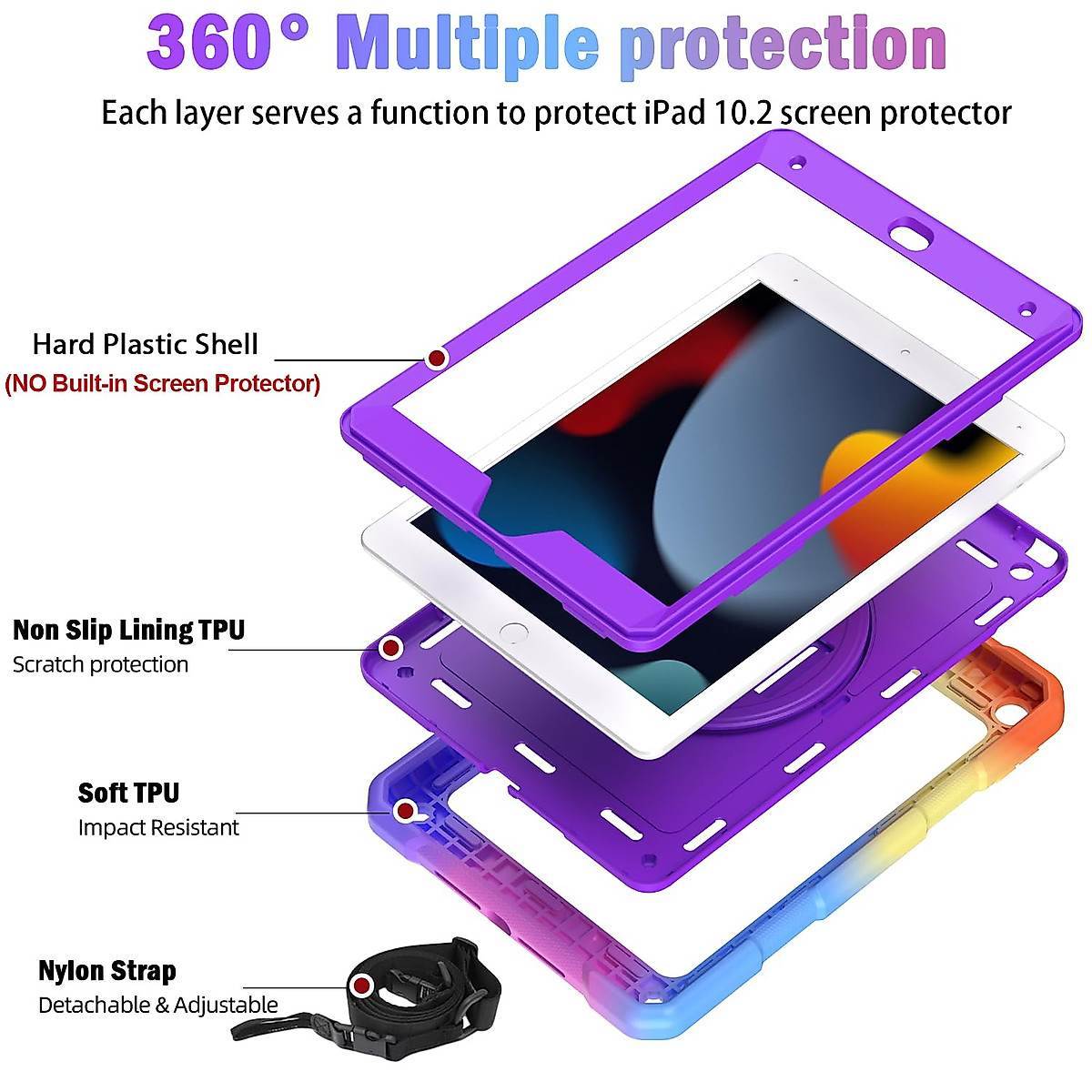 BMOUO Case for iPad 9th Generation Case, iPad 8th/7th Generation Case, iPad 10.2 Case, Shockproof Rotating Stand Hand Strap Kids Case for iPad 10.2" 2021/2020/2019 - Purple