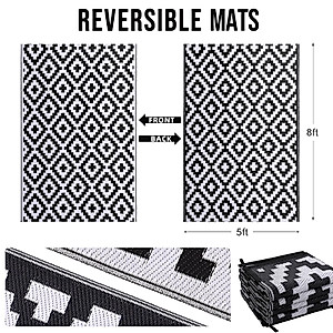 OLANLY Waterproof Outdoor Rug 5x8 ft, Reversible Plastic Straw Patio Rug for Camping, RV Mat Outside, Indoor Outdoor Carpet for Porch, Deck, Backyard, Camper, Balcony, Picnic, Black & White