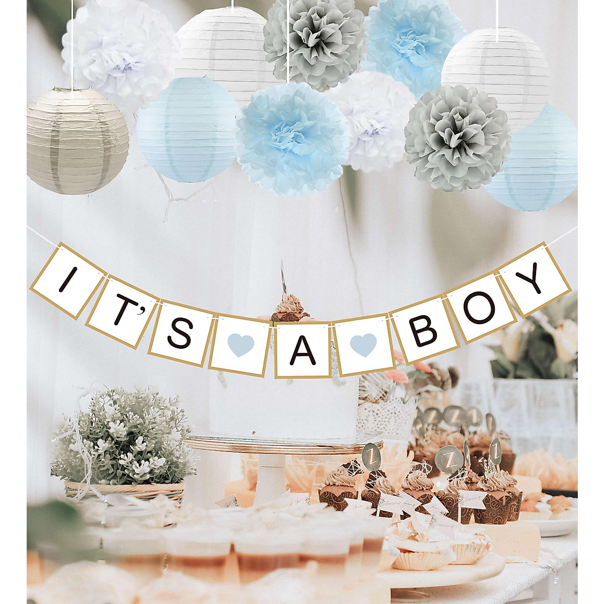 Baby Shower Decorations Boy (Blue, White, Grey)- It's A Boy Banner, Tissue Paper Poms, Paper Lanterns and Tassels Garland- Baby Boy Gender Reveal Birthday Party Decorations