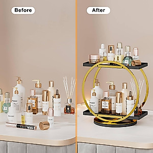 Perfume Organizer for Dresser, 360 Rotating Makeup Organizer for Vanity, 2 Tier Large Capacity Bathroom Counter Organizer Cosmetic Skincare Storage Countertop Holder for Bedroom Kitchen(Black Gold)