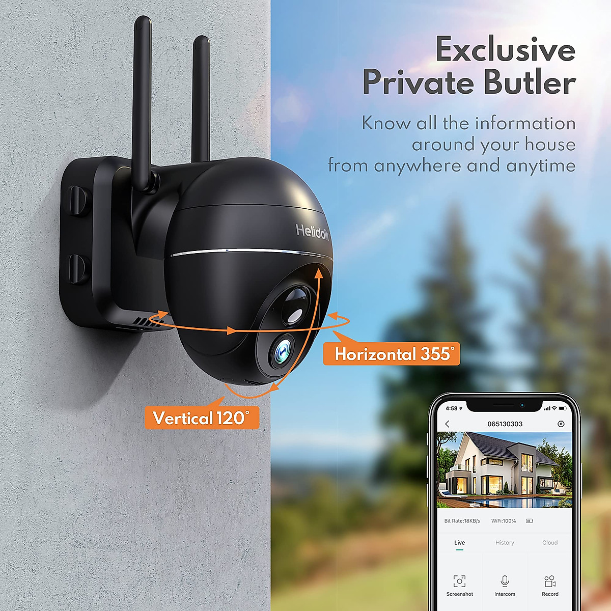 Helidallr Security Camera Outdoor, 355° PTZ Camera 1080P WiFi Wireless Indoor Cameras for Home Security 15000mAh Security Cameras with IP66 Waterproof, Night Vision, AI & PIR Detection, Two-Way Audio