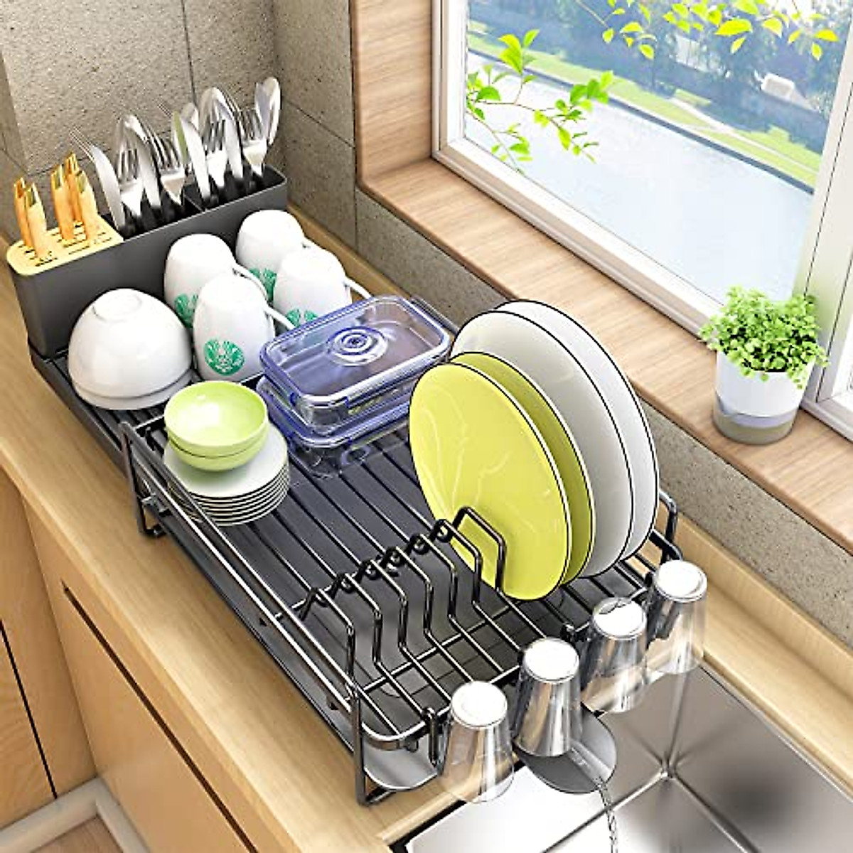 PXRACK Dish Drying Rack, Expandable(19.1"-26.9") Large Capacity Dish Rack and Drainboard Set, Stainless Steel Dish Drainers with Utensil Holder for Kitchen Counter, Black