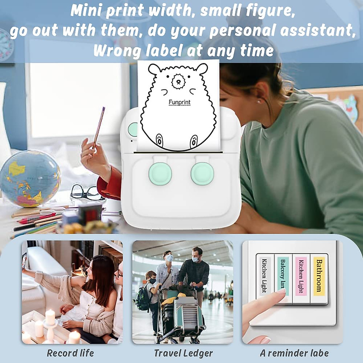 Portable Sticker Printer - Mini Instantly Print Customized Sticker, Bluetooth Wireless Sticker Printer for Office Home Organization, Pocket Thermal Printer Compatible with iPhone/Android (White)