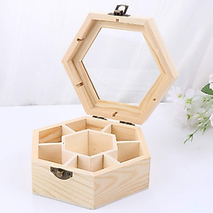 Wood Jewelry Storage Box with Hinged Lid Window DIY Hexagon Jewelry Display Case Desktop Compartment Sundries Organizer Unfinished Holder Box Table Organizer