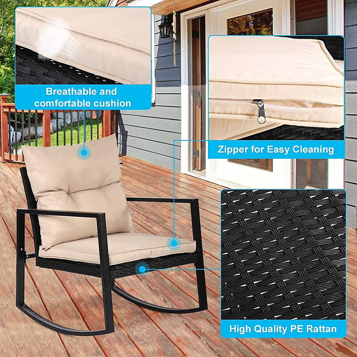 Dkeli Outdoor Rocking Chairs 3 Pieces Pe Wicker Bistro Sets with Glass Coffee Table Front Porch Furniture Rocking Chairs Set of 2 for Backyard Porch Balcony Lawn, Beige Cushion