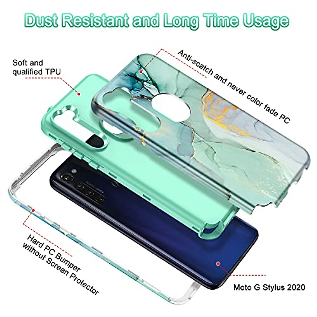 Lamcase Compatible with Motorola G Stylus 2020 Case, Heavy Duty Shockproof Hybrid Hard PC Soft TPU Rubber Three Layer Rugged Drop Protection Cover Case for Motorola Moto G Stylus 2020, Green Marble