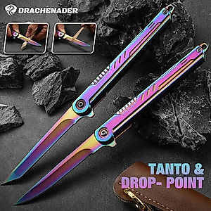 DRACHENADER Rainbow Pocket Knife 8.1" for Men EDC Colored Knife Keychain Pretty folding knife with clip and sheath, gift for mom, girlfriend, women