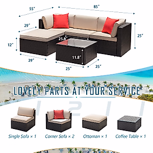 Flamaker 5-Piece Patio Furniture Set - Outdoor Wicker Sectional Sofa with Thick Cushions & Tempered Glass Table - Ideal for Deck, Porch, Terrace (Beige)