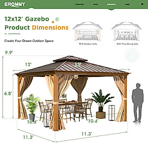 EROMMY 12' x 12' Gazebo, Wooden Finish Coated Aluminum Frame Canopy with Double Galvanized Steel Hardtop Roof, Outdoor Permanent Metal Pavilion with Curtains and Nettings for Patio, Backyard and Deck
