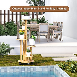 FILWH Plant Stand For Outdoor Indoor Tall Bamboo Movable Flower Stand With Wheels Plant Shelf Pot Holder Plants Corner Display Rack Multiple Planter For Living Room Balcony Garden Patio (Natural)