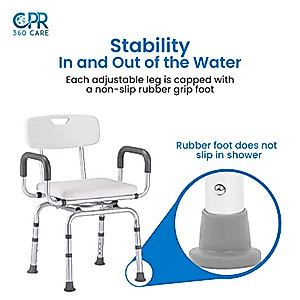 CPR Care Swivel Shower Chair for Inside Shower. 360 Degree Adjustable Height Lightweight Rotating Chair with Arms and Back for Elderly, Seniors, Handicap, Disabled Adults