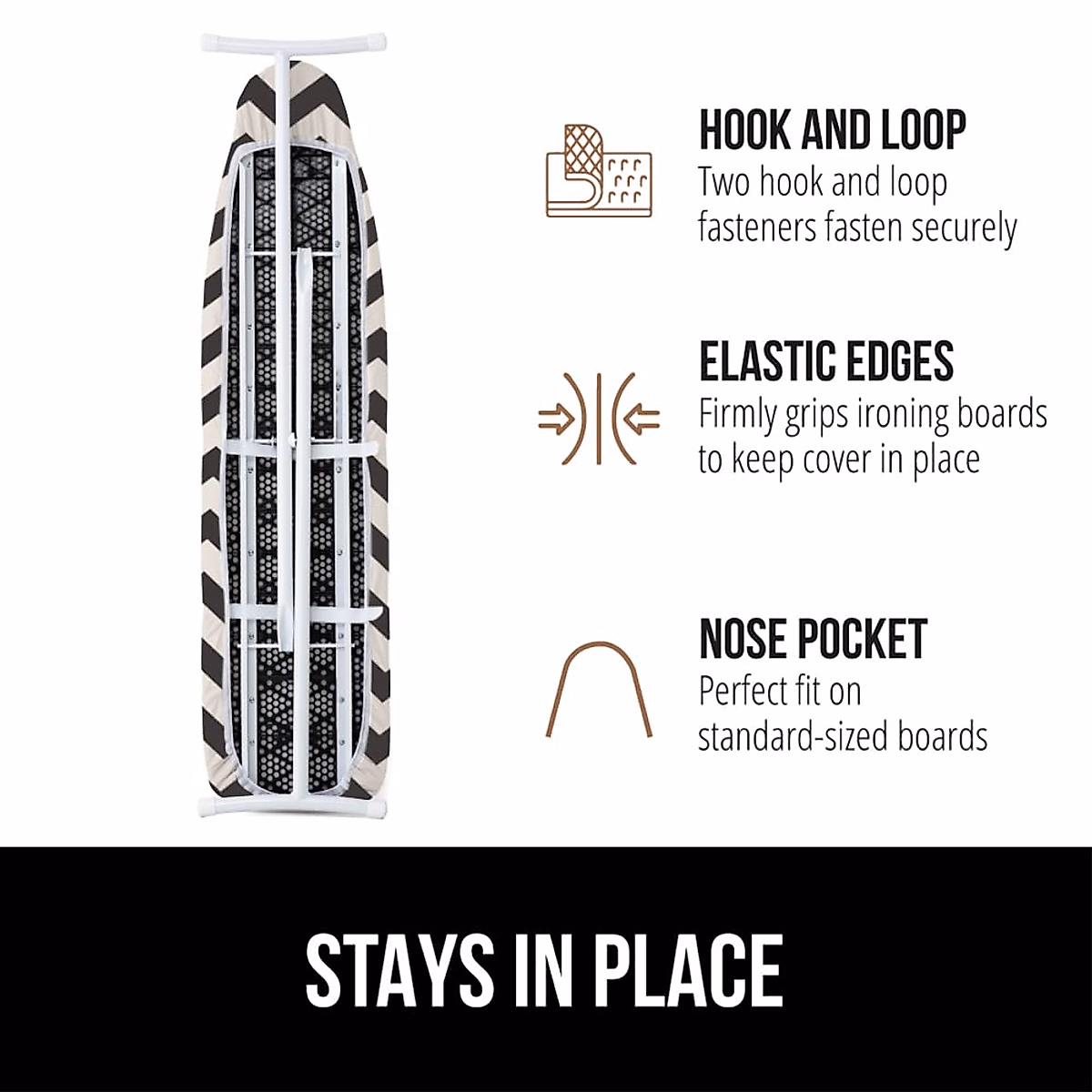 The Original GORILLA GRIP Ironing Board Cover, Silicone Coating, Full Size Scorch Resistant Padding, Elastic Edge, Iron Pad Covers Standard Boards, Hook and Loop Fastener Strap, Chevron Black Linen